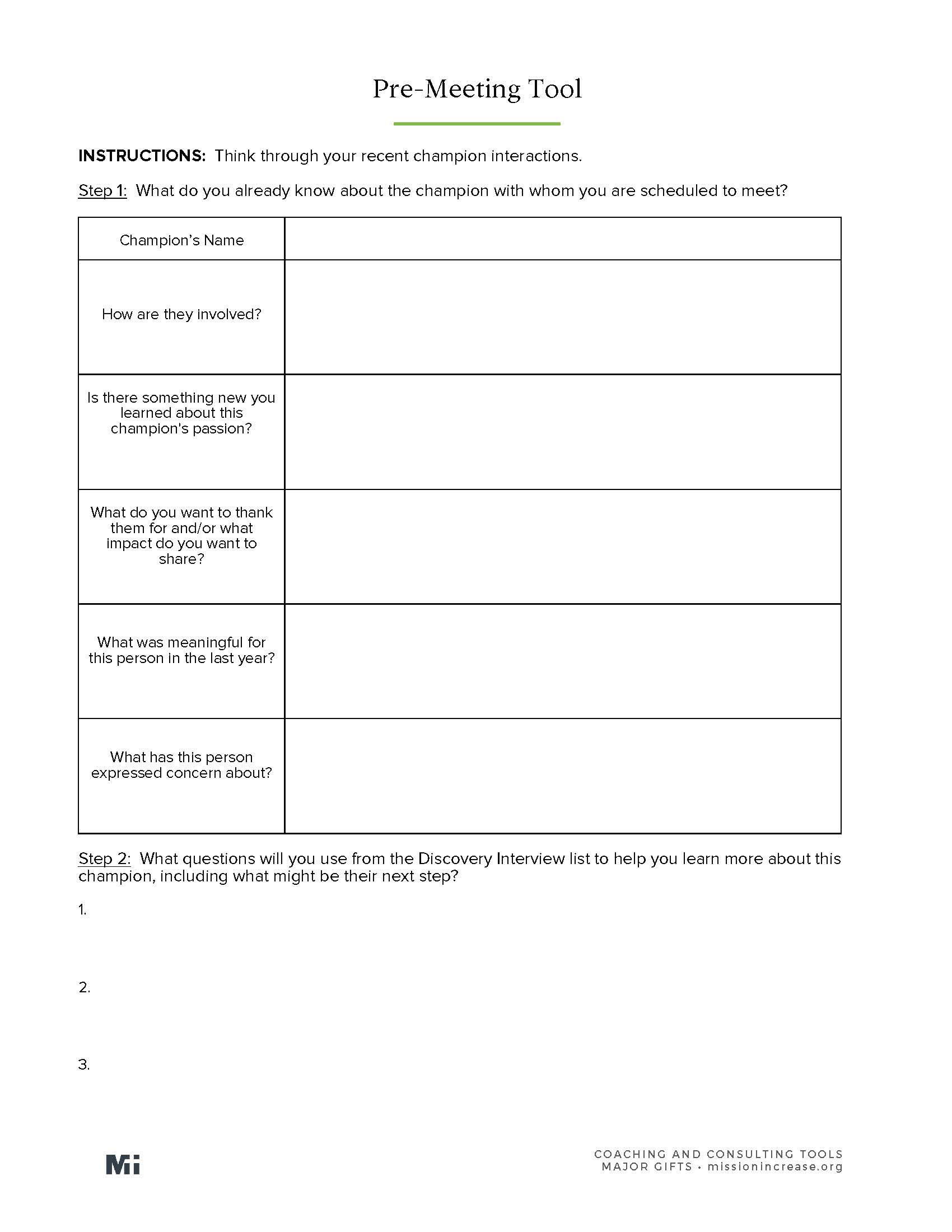 Pre-Meeting Tool – Mission Increase – Learn