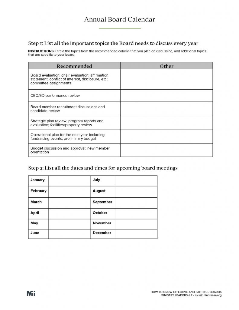 Annual Board Calendar – Mission Increase – Learn