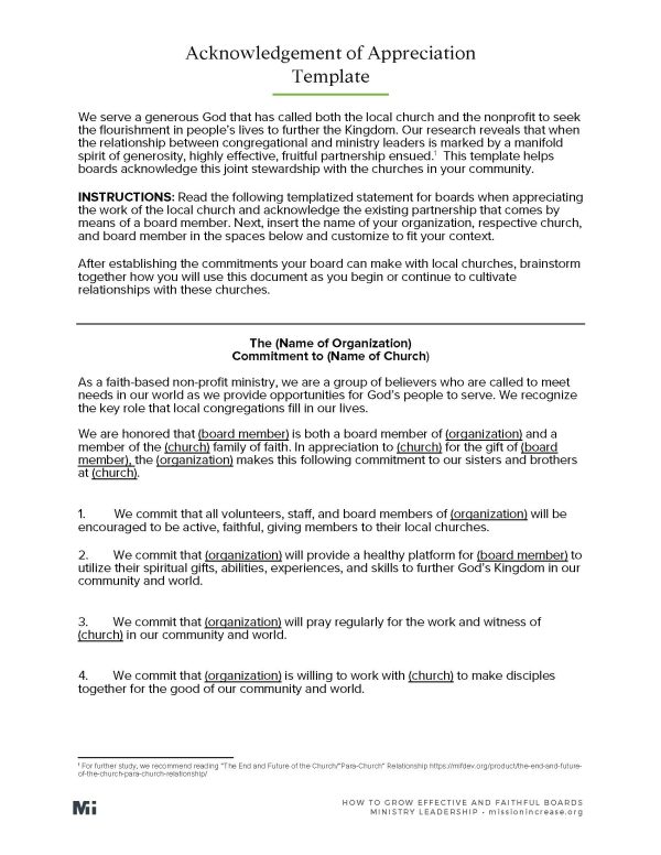 Church Acknowledgement of Appreciation Template – Mission Increase – Learn