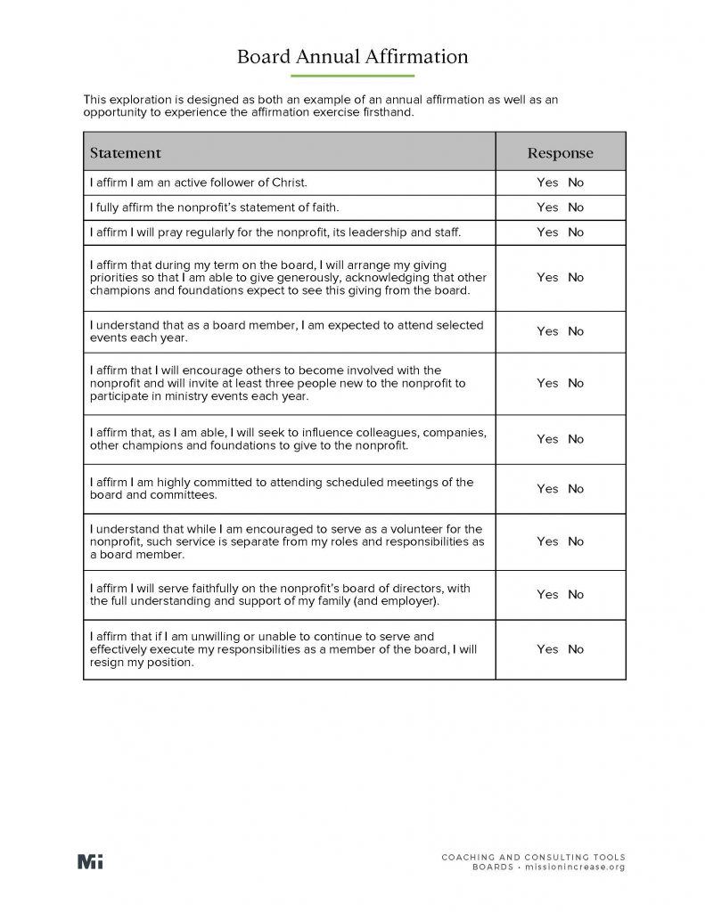 Board Annual Affirmation – Mission Increase – Learn