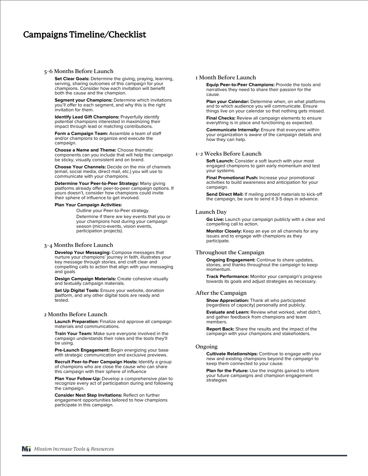 Campaigns Timeline/Checklist – Mission Increase – Learn